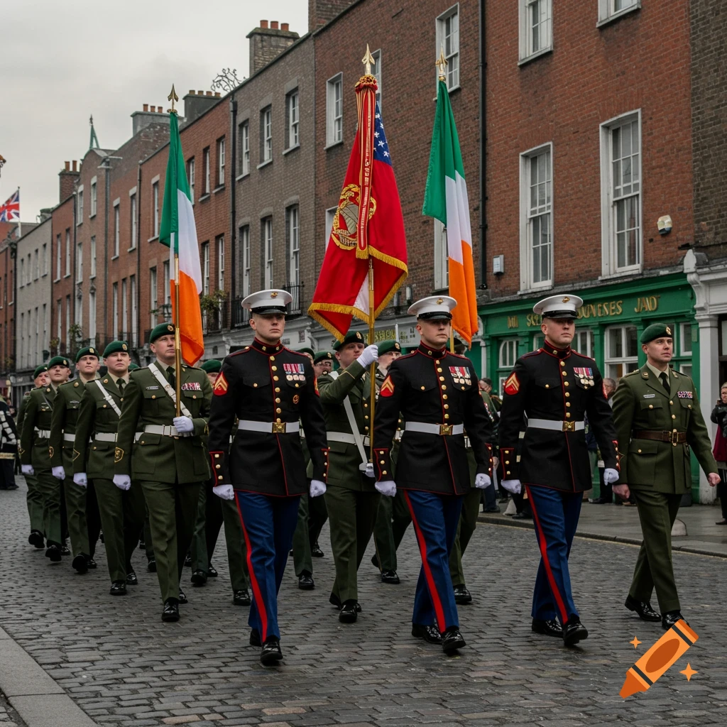 U.S. Marines and Irish soldiers march with flags on a cobblestone ...
