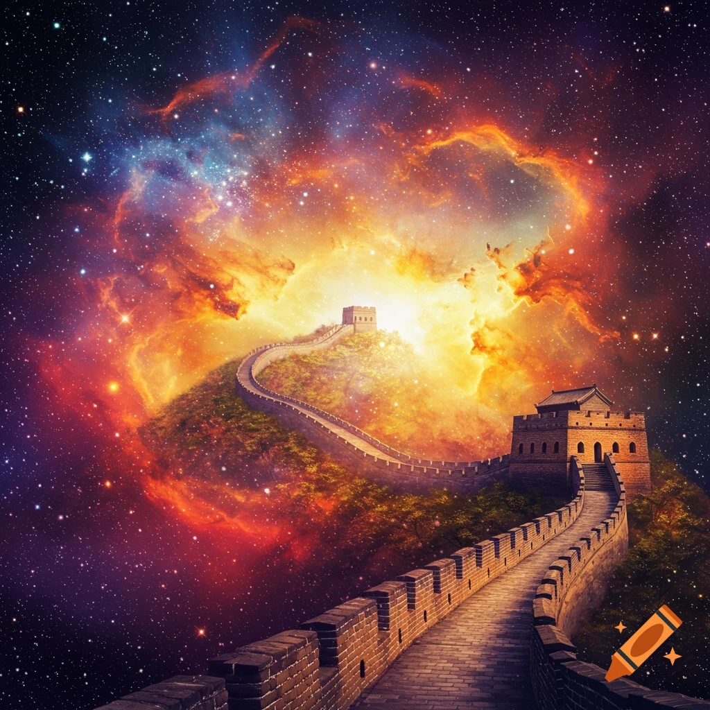 The Great Wall of China beneath a cosmic explosion and swirling galaxy ...