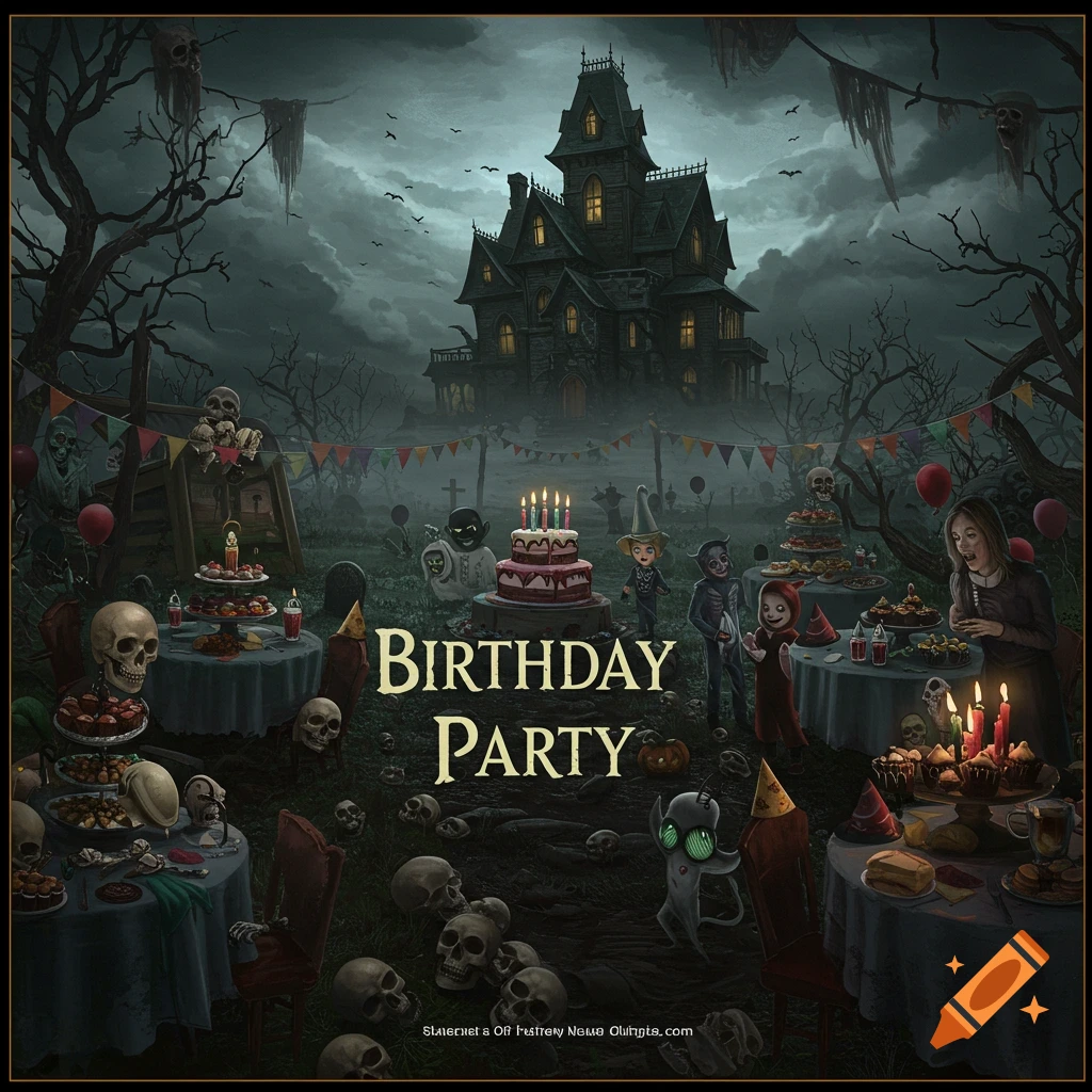 Spooky birthday party image with skulls, mist, and a haunted house on ...