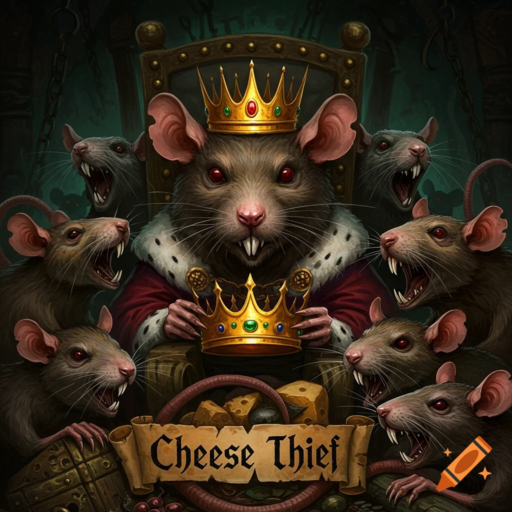 Rat king with crown and 'cheese thief' text on Craiyon
