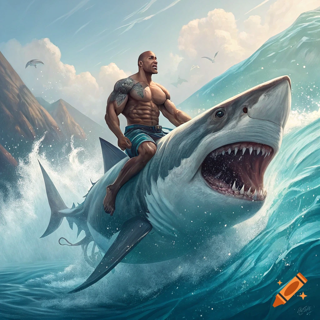 A muscled bald man rides on the back of a large shark surging through ...