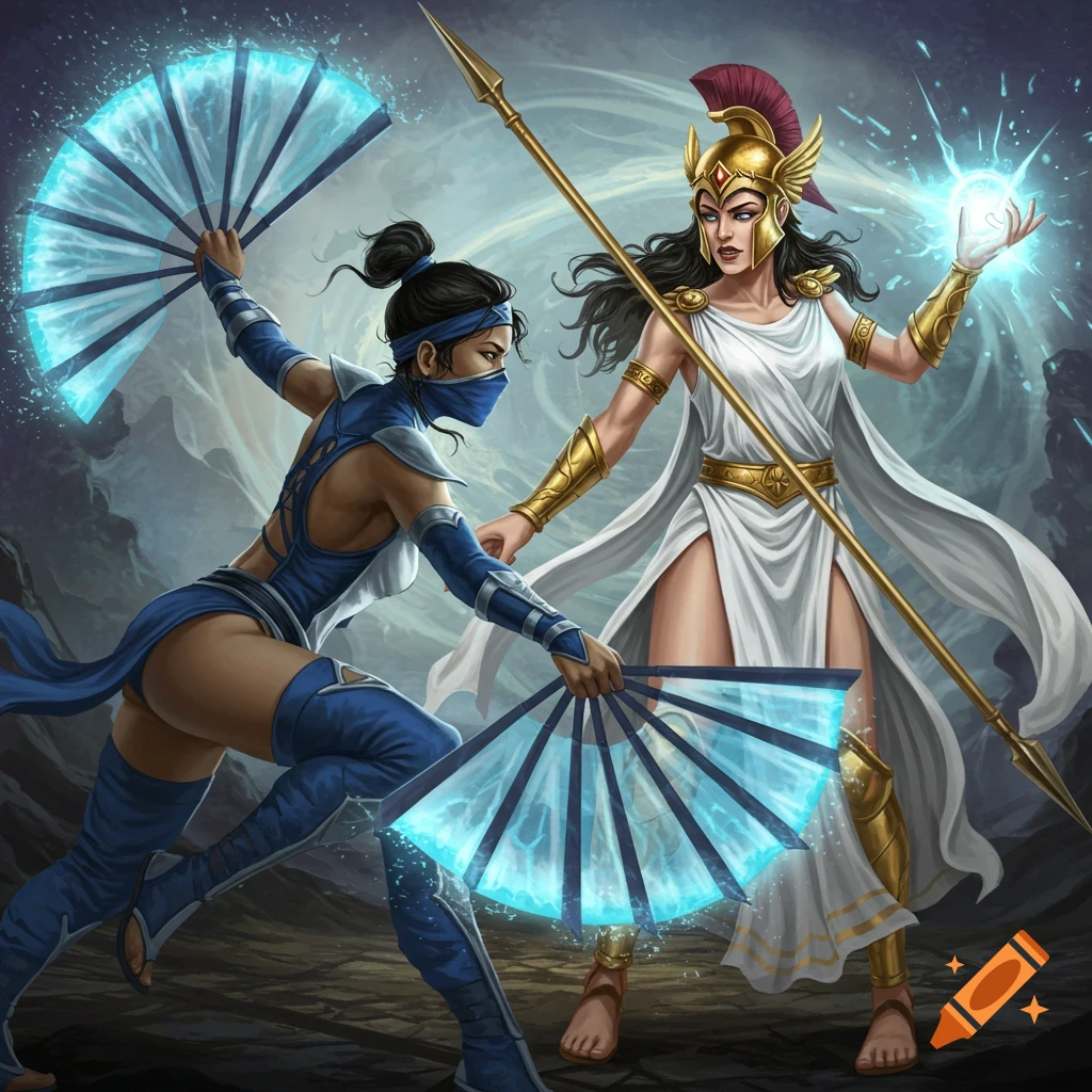 Kitana from Mortal Kombat battling the Greek goddess Athena on Craiyon