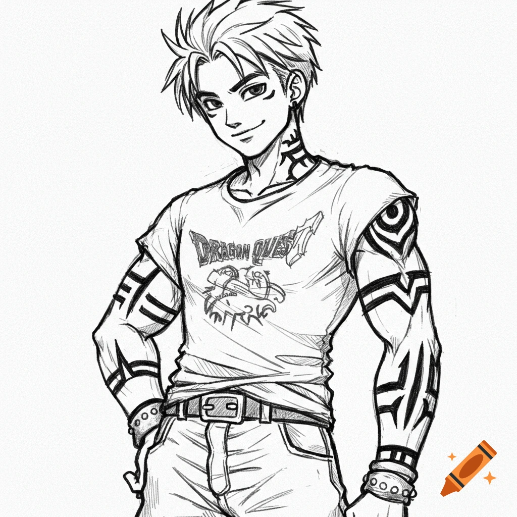 Black and white sketch of a young man with tribal tattoos wearing a ...