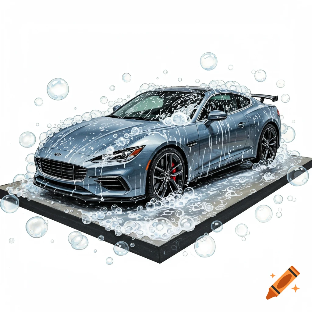 Digital illustration of a blue-gray sports car being washed with soap ...