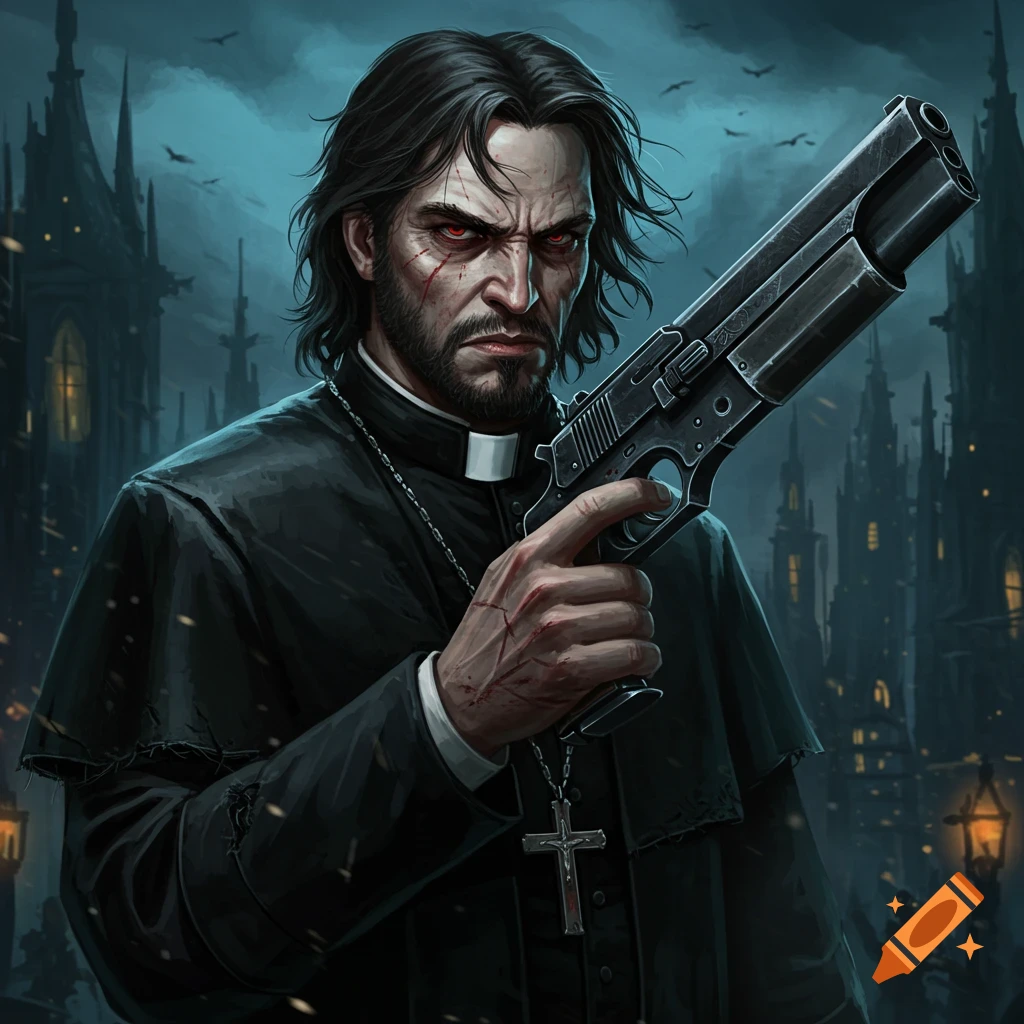 A grim priest with red eyes and scars holding a large pistol in a ...