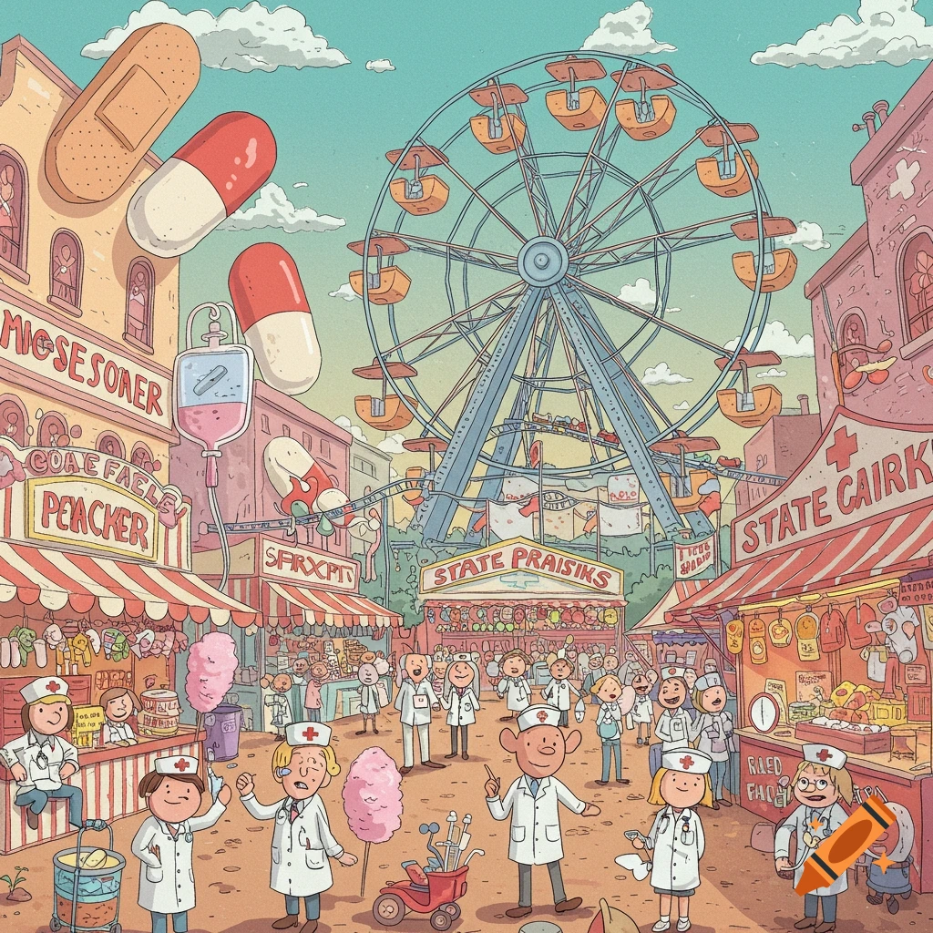 A cartoon of a state fair themed with medical devices, staff, pills, and a ferris wheel. on Craiyon