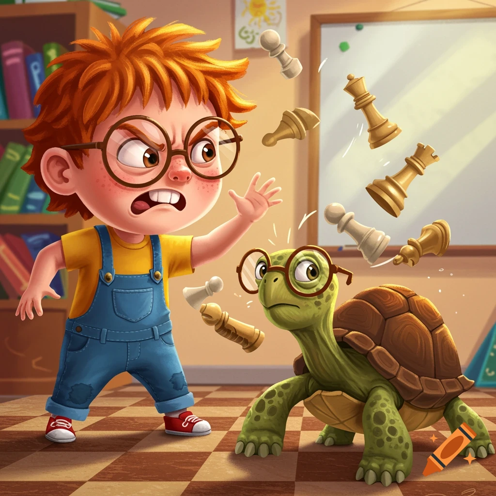 Angry ginger kid throwing chess pieces at a turtle on Craiyon
