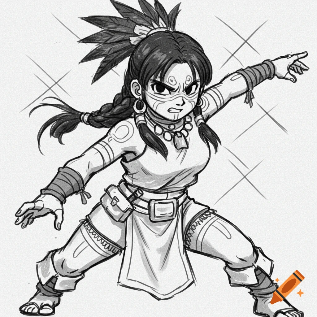 Black and white sketch of an Aztec warrior woman in a fighting pose ...