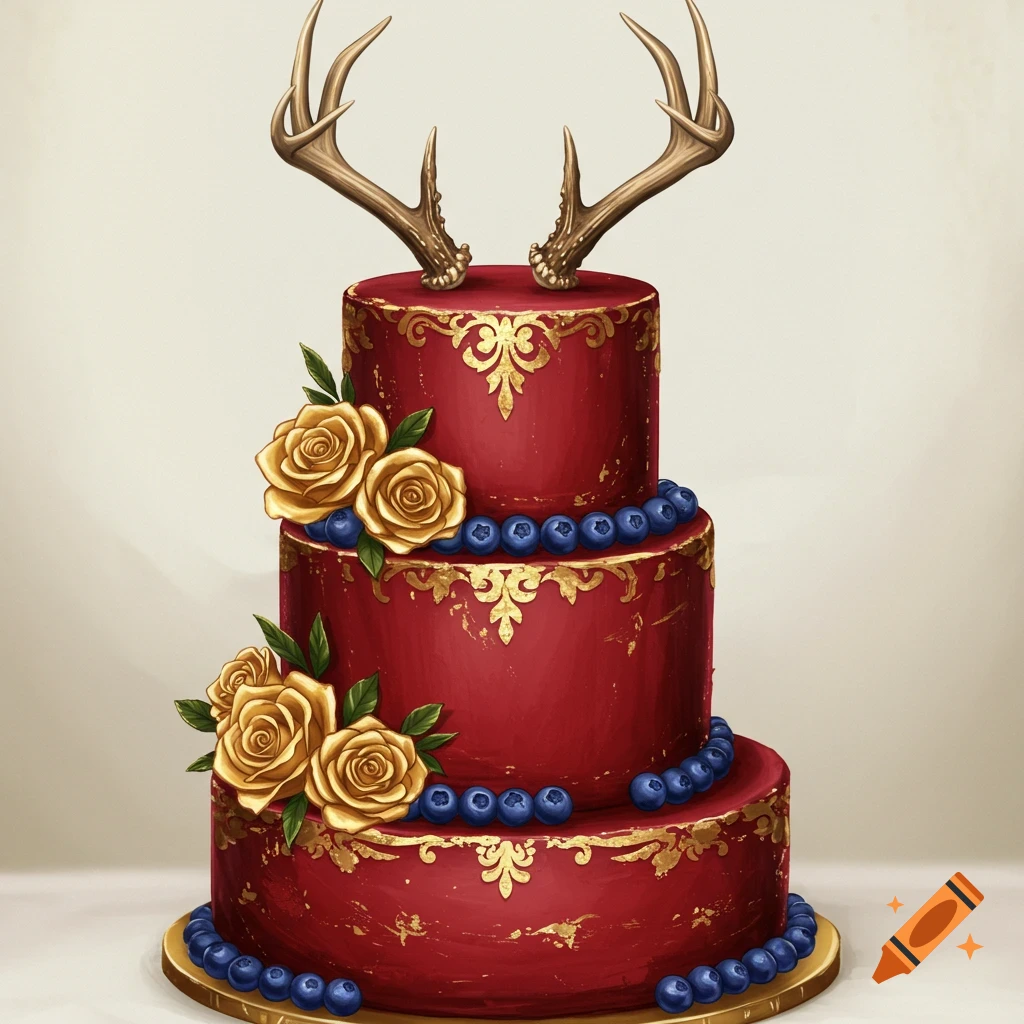 Red and gold three-tier wedding cake with gold roses, blueberries, and ...