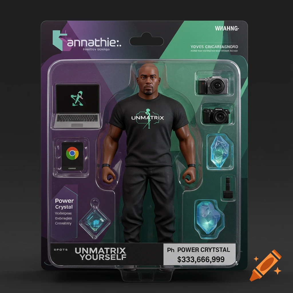 Action figure packaging mock-up of a muscular man in an Unmatrix shirt ...