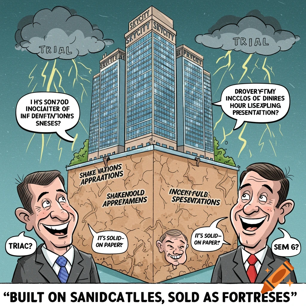 Editorial cartoon of SkyCity condo teetering on shaky foundations on ...