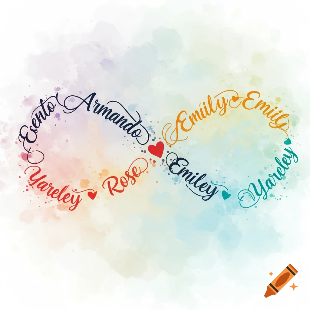 Tattoo image of an infinity symbol with the names Ricardo, Emily, Rose ...