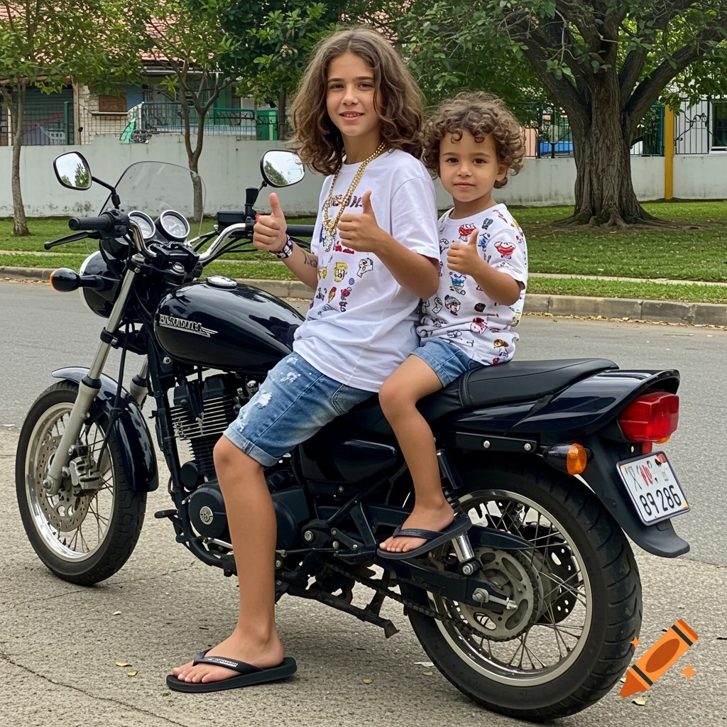 White Brazilian boy on motorcycle with brother, Instagram post on Craiyon