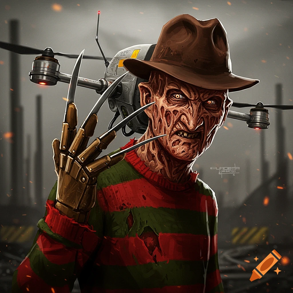 Cyberpunk style portrait of Freddy Krueger with clawed glove in a rainy ...