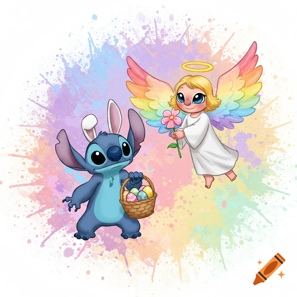 A cute blue cartoon character resembling Stitch holds a makeup brush at ...