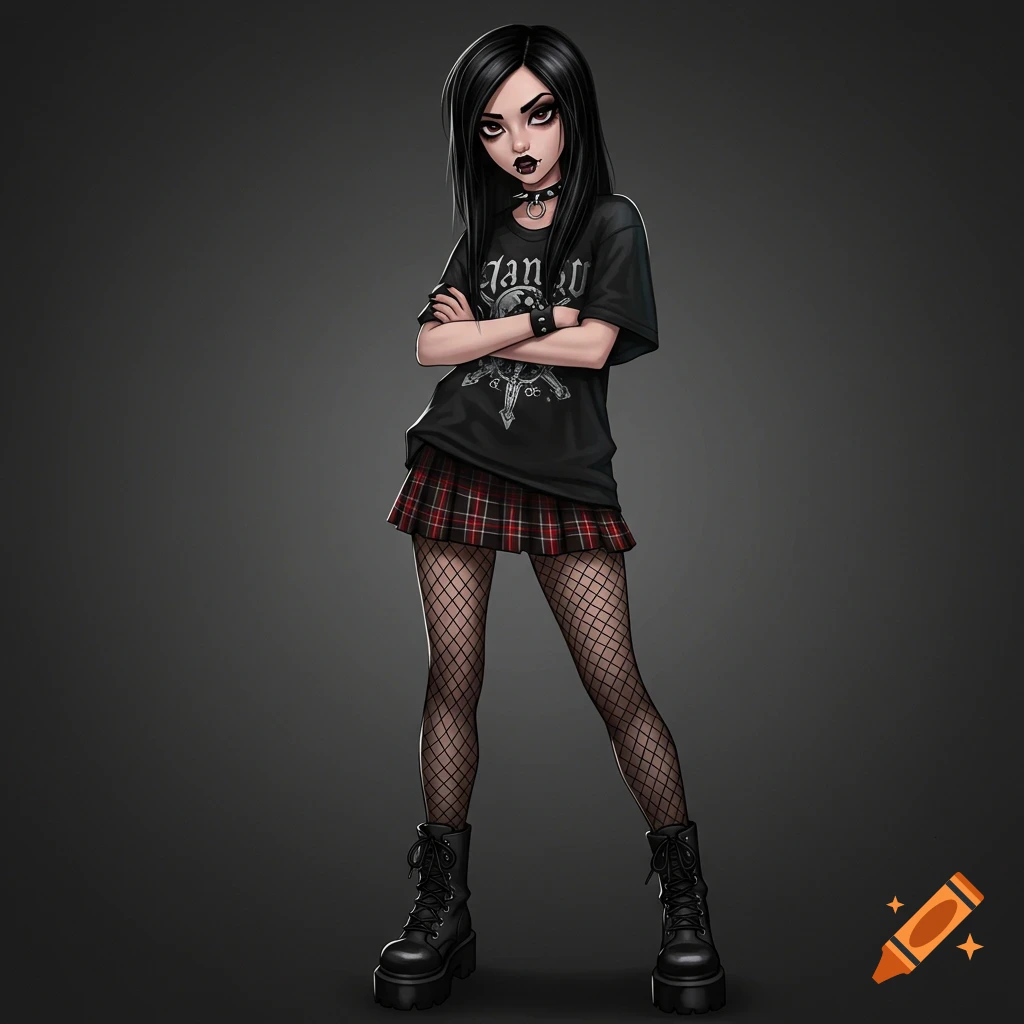 Grunge emo woman with black hair, band tee, plaid skirt, fishnets, and ...