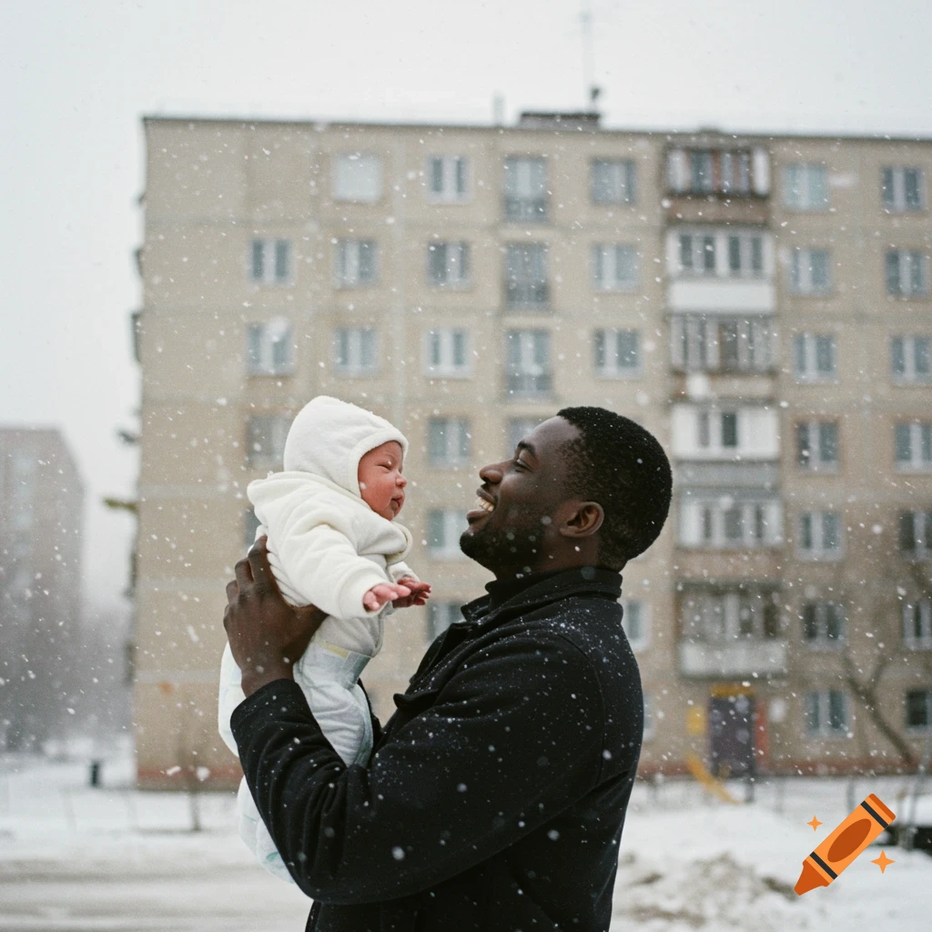 A Black man holds a bundled baby in the snow in front of apartment ...