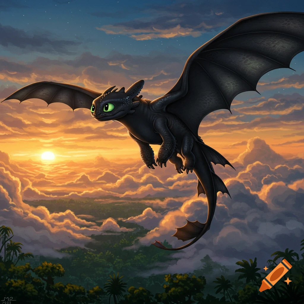 Toothless-like black dragon standing in a grassy field with flowers. on ...