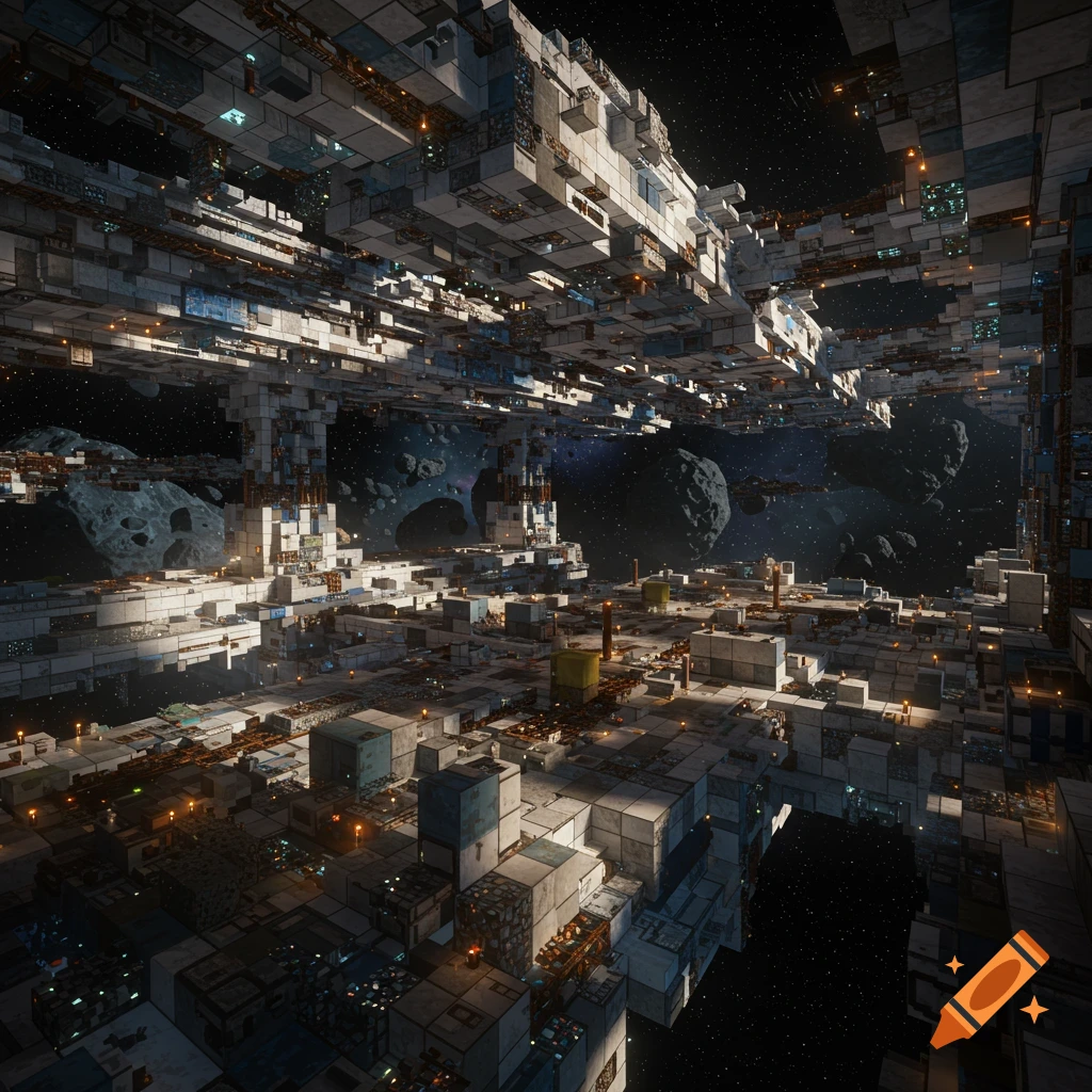 Minecraft massive starship station lobby in asteroid belt on Craiyon