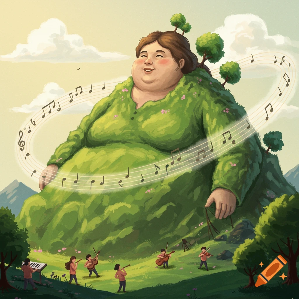 A giant woman-shaped mountain covered in grass, with musical notes ...