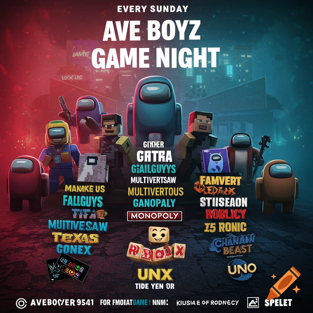 AVE BOYZ GAME NIGHT flyer featuring Among Us, Fortnite, Fall Guys, and ...