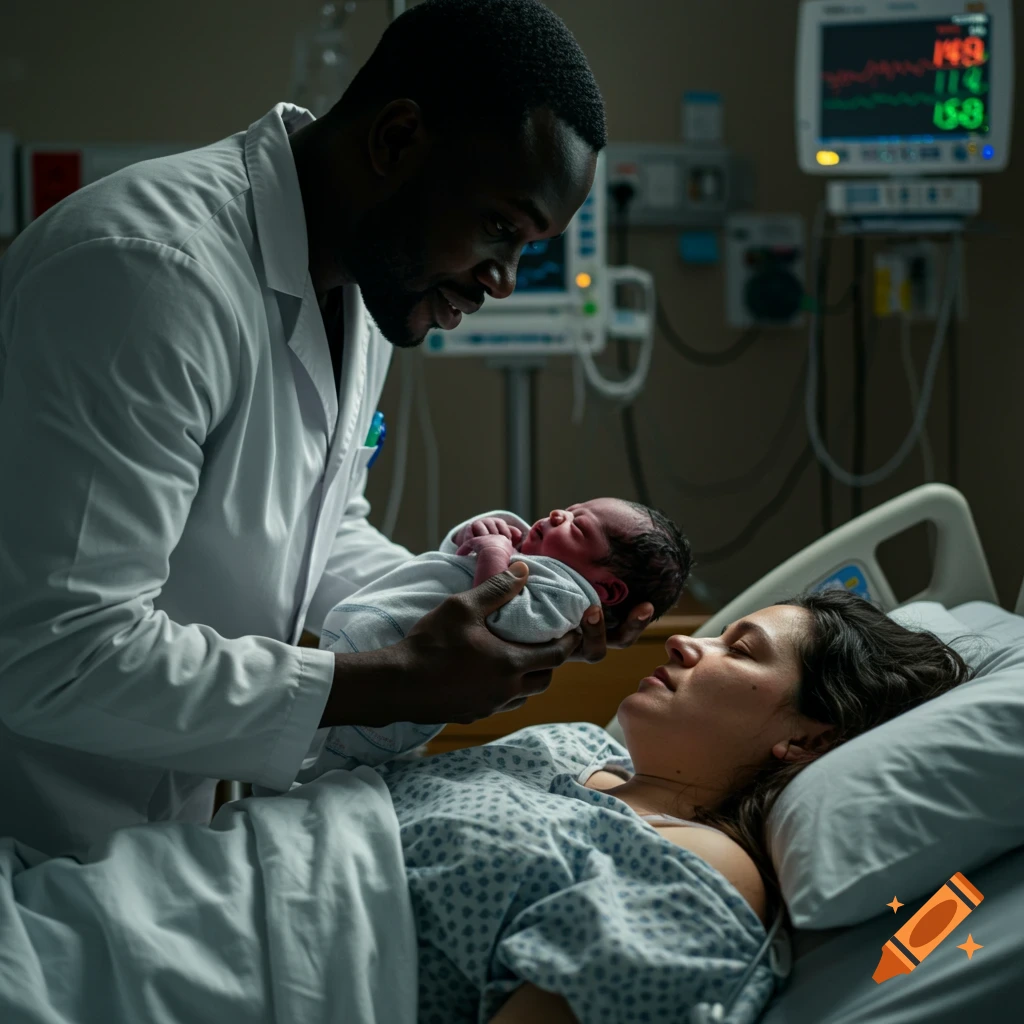 A mother holds her newborn baby wrapped in a blanket in a hospital room. on Craiyon