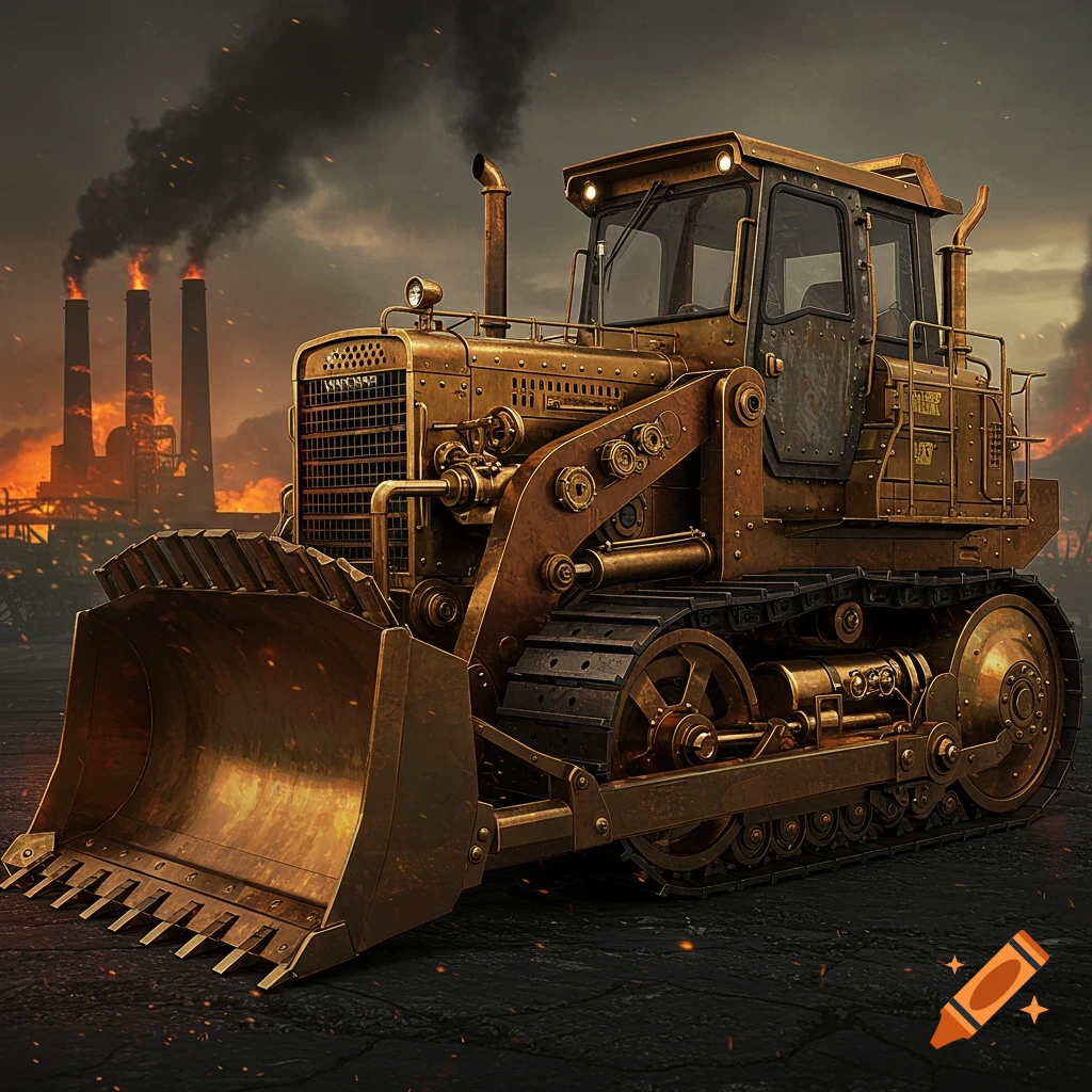 A photorealistic image of a large yellow Caterpillar excavator nestled ...