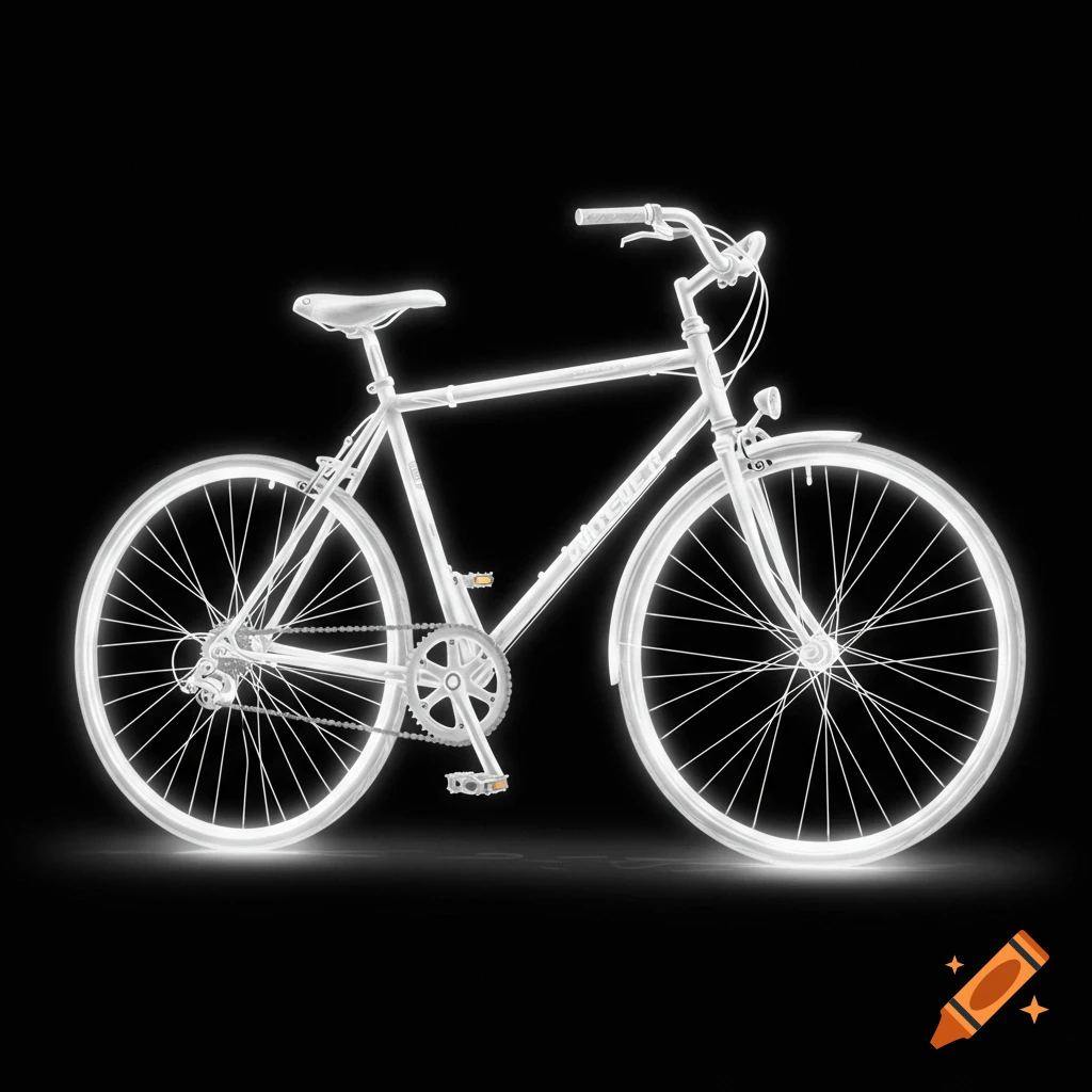 A glowing white bicycle against a black background, digital art. on Craiyon
