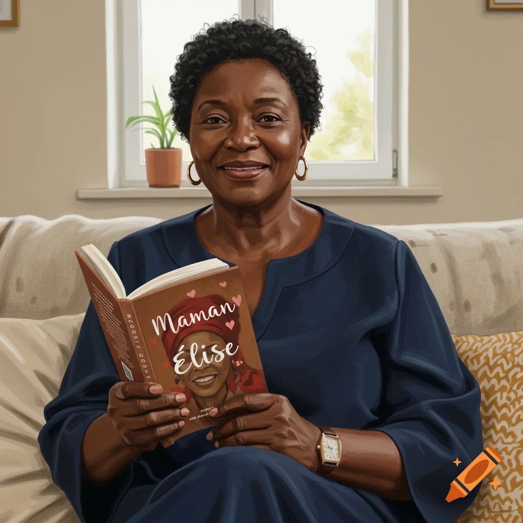 Black African woman reading 'Maman Élise' in cozy home on Craiyon