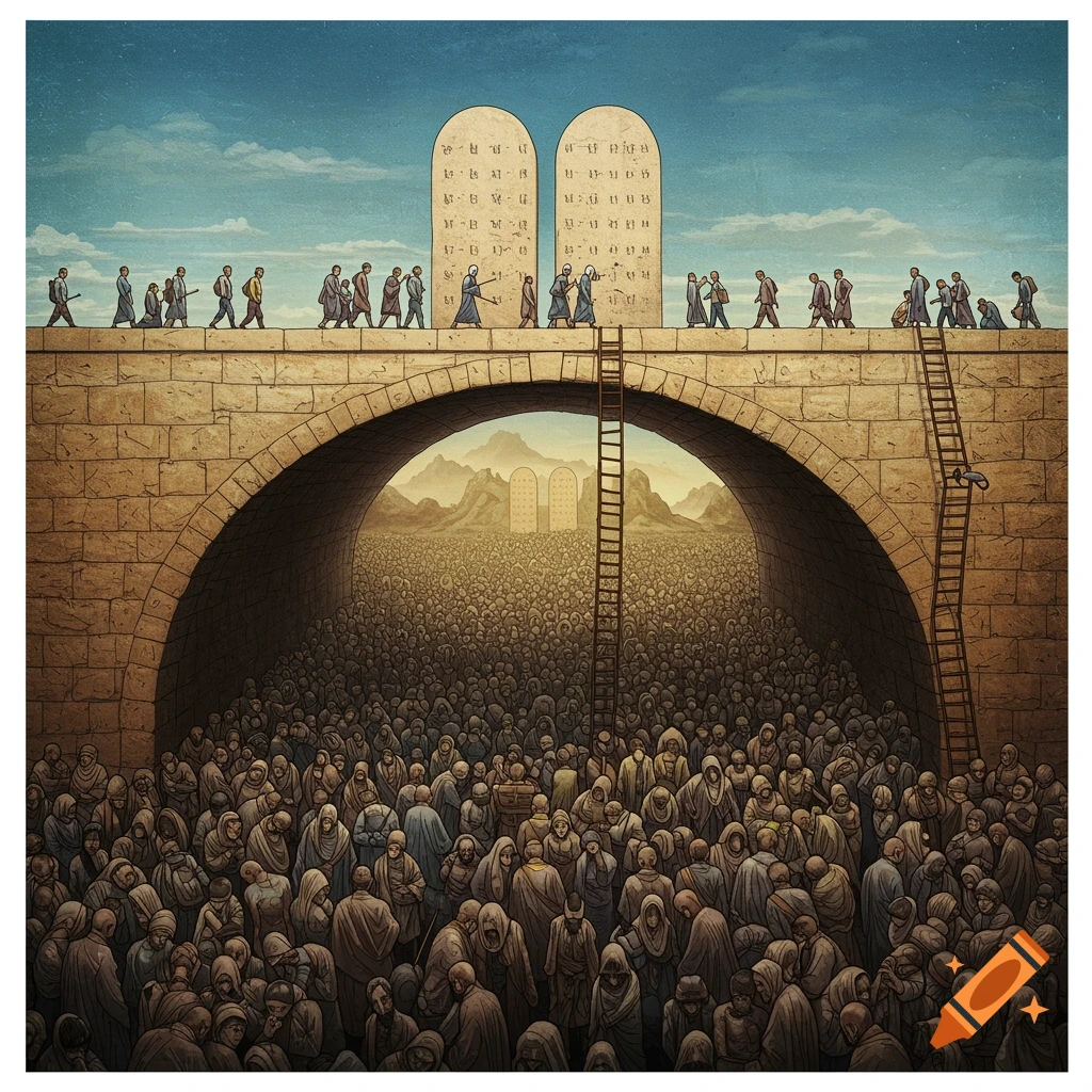 People wandering under a bridge made of the Ten Commandments, with a ...