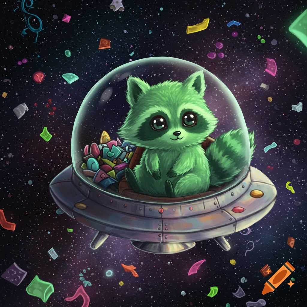 A cute green alien raccoon sits in a small spaceship surrounded by ...