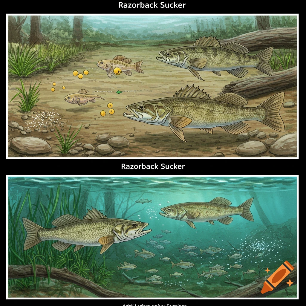 Illustration of razorback sucker fish lifecycle in two panels: stream ...