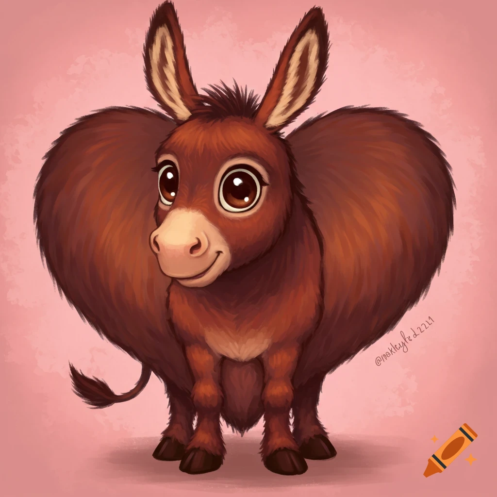A brown cartoon donkey with a fluffy heart-shaped body. on Craiyon