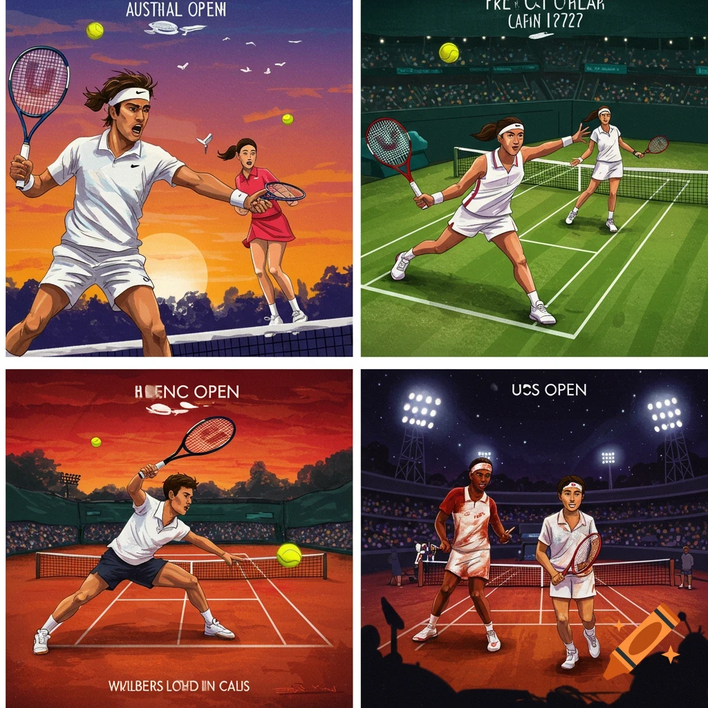 Tennis poster with all 4 grand slams in animated realistic style on Craiyon