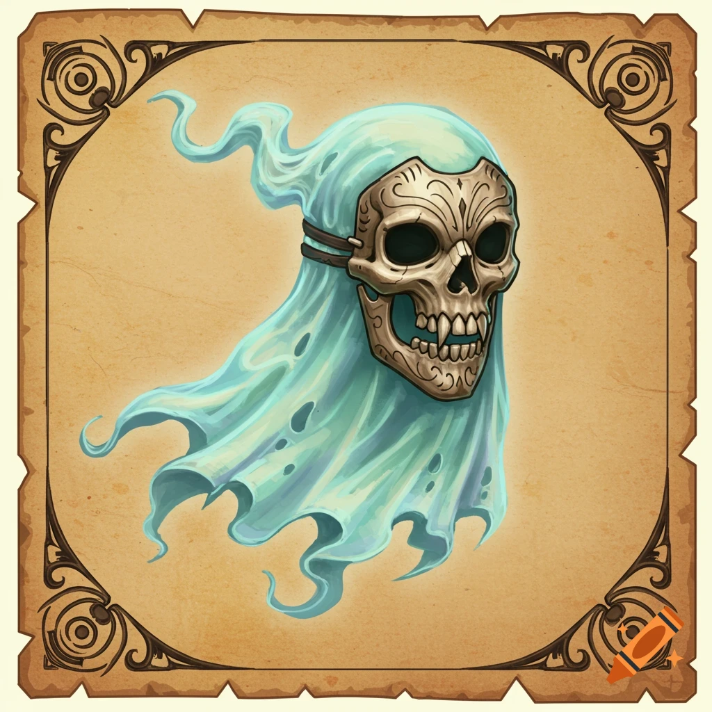 A stylized ghost skull mask with glowing eyes on a fantasy map ...