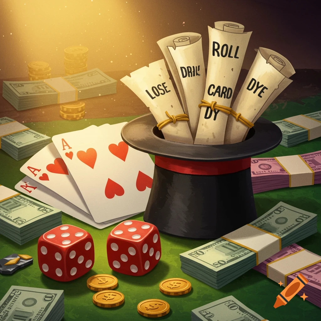 Monopoly man sits on a throne of dice, surrounded by thousands of dice ...