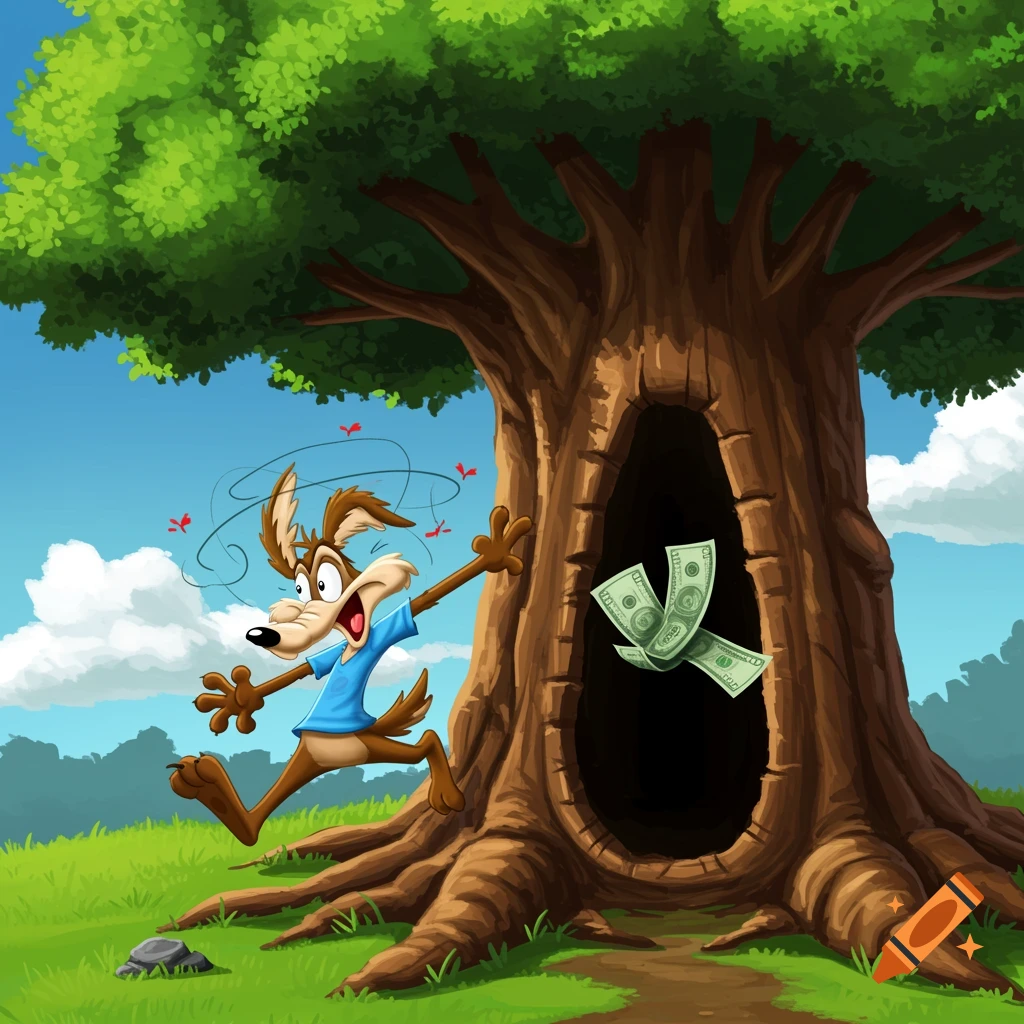 Coyote running into tree with money coming out of hole on Craiyon