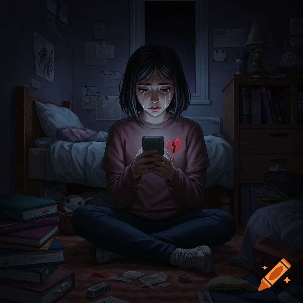 Girl crying in a dark, cluttered room with books, mourning a loss on ...