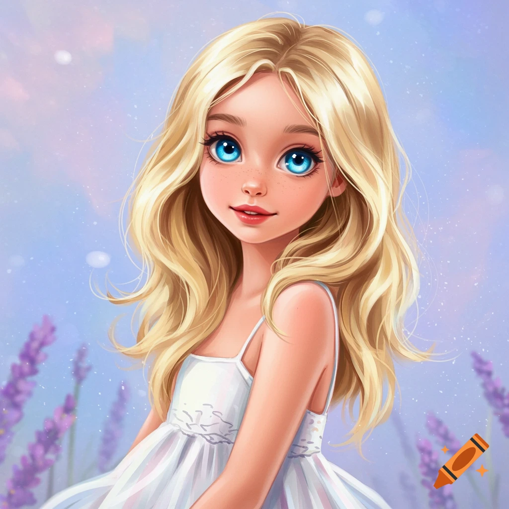 Blonde girl in a white dress among lavender on Craiyon