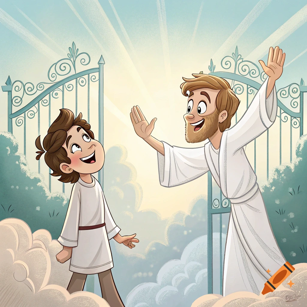 Cartoon boy meets a man in white robes at the gates of heaven. on Craiyon