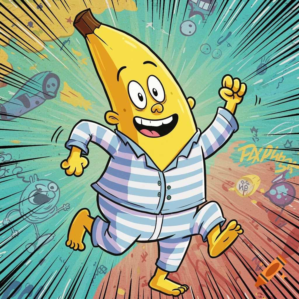 Cartoon banana wearing pyjamas in Captain Underpants comic style on Craiyon