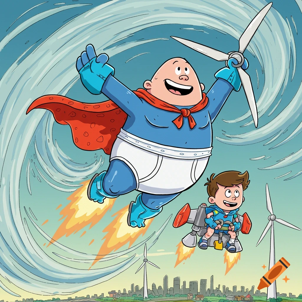 Captain Underpants as a wind power superhero with a sidekick on Craiyon