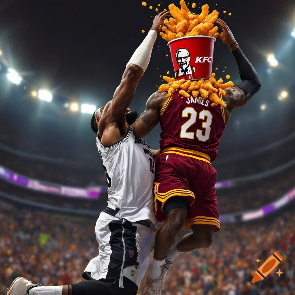 LeBron James dunking on Jack Black with KFC bucket on head. on Craiyon