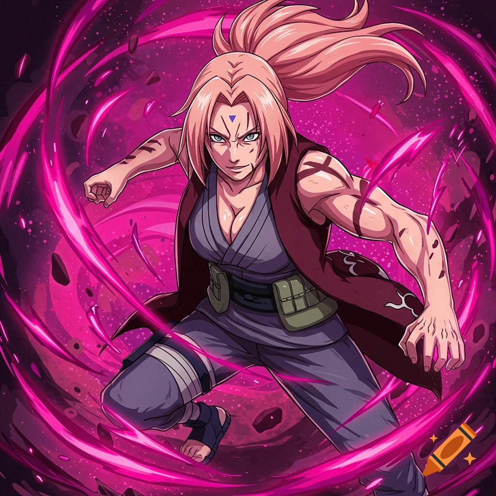 A dynamic anime illustration of a pink-haired woman in a fighting pose ...