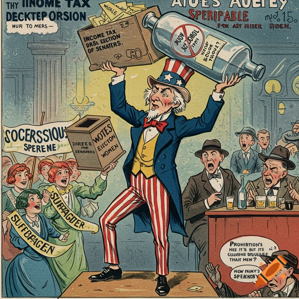 Cartoon of Uncle Sam juggling income tax, election reform, and ...