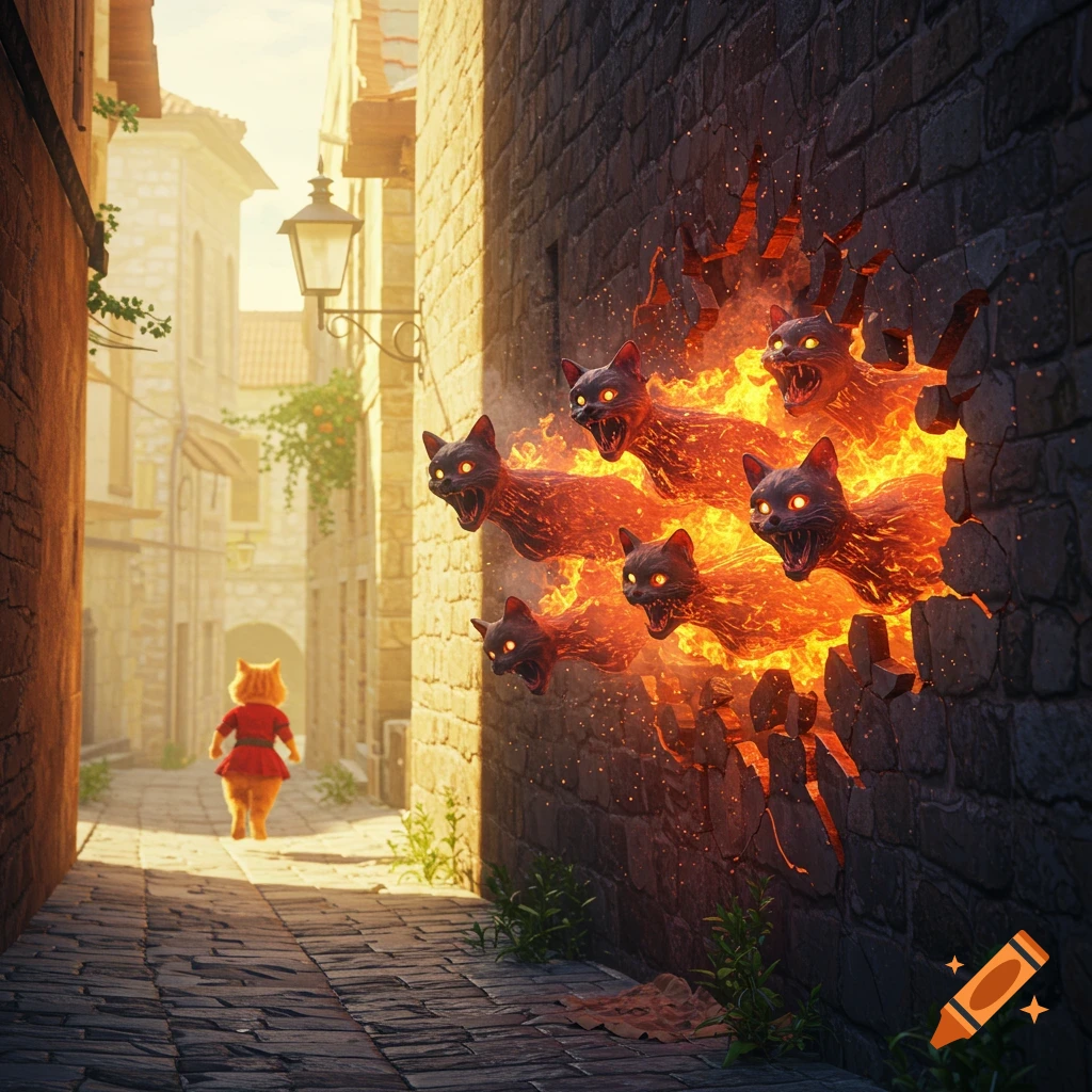 An orange cat runs down an alleyway away from fiery monster cats ...