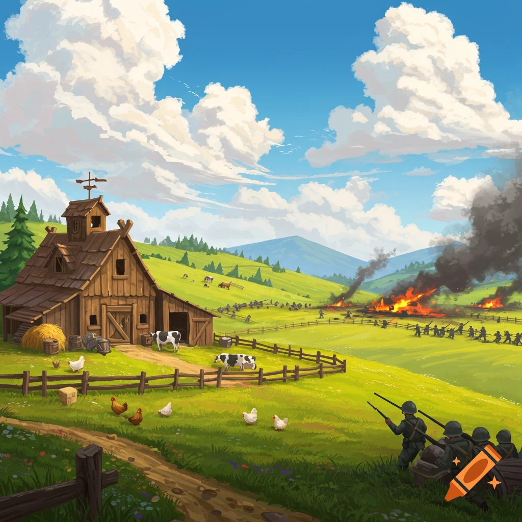 A country farm with a war on the side of the field. on Craiyon