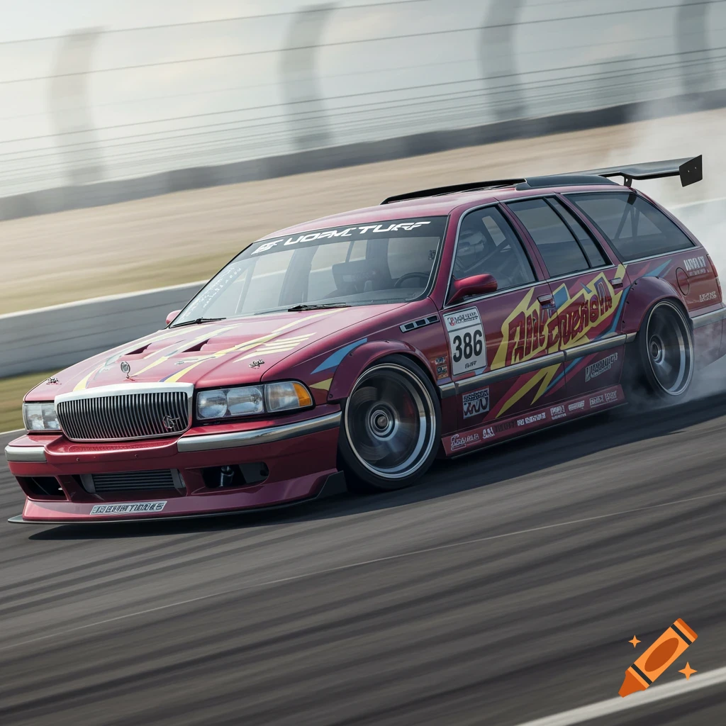A red Buick Roadmaster wagon drift car slides on a track. on Craiyon