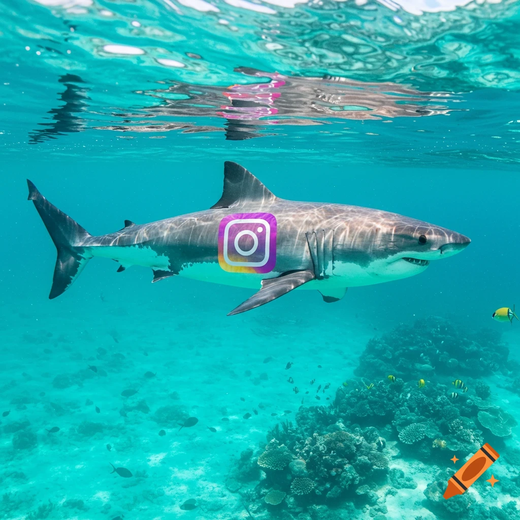 A great white shark swims underwater with an Instagram logo on its side ...