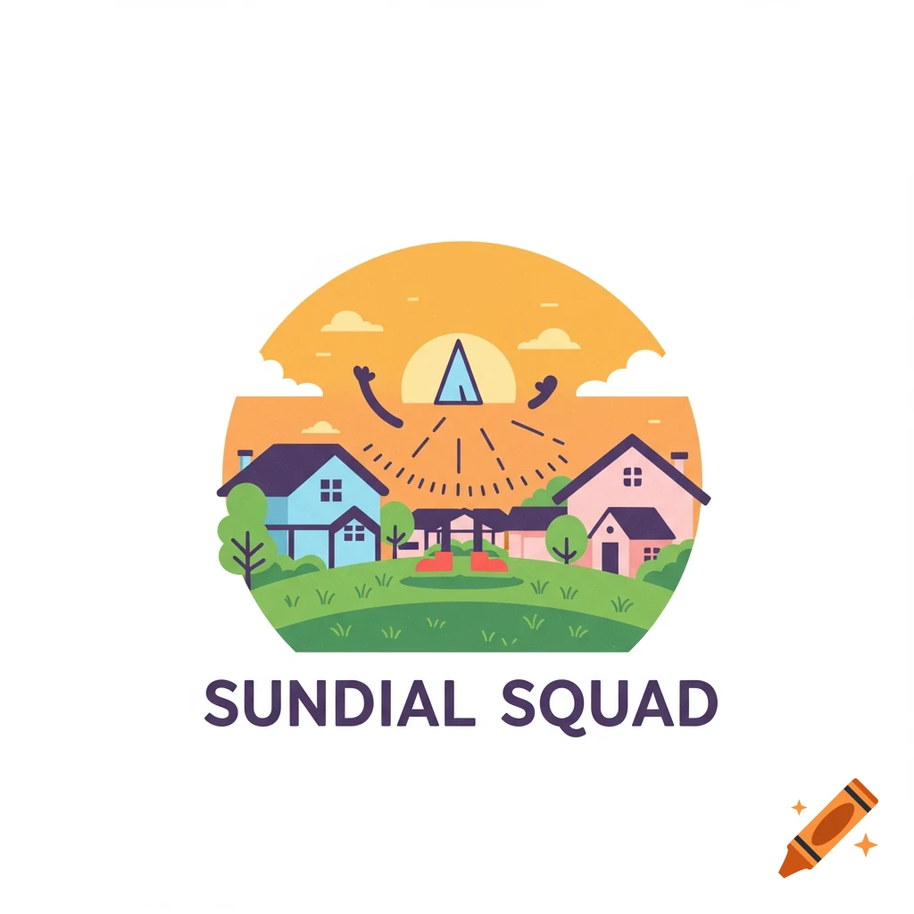 Stylized illustration logo with houses, a sundial symbol, and the text ...